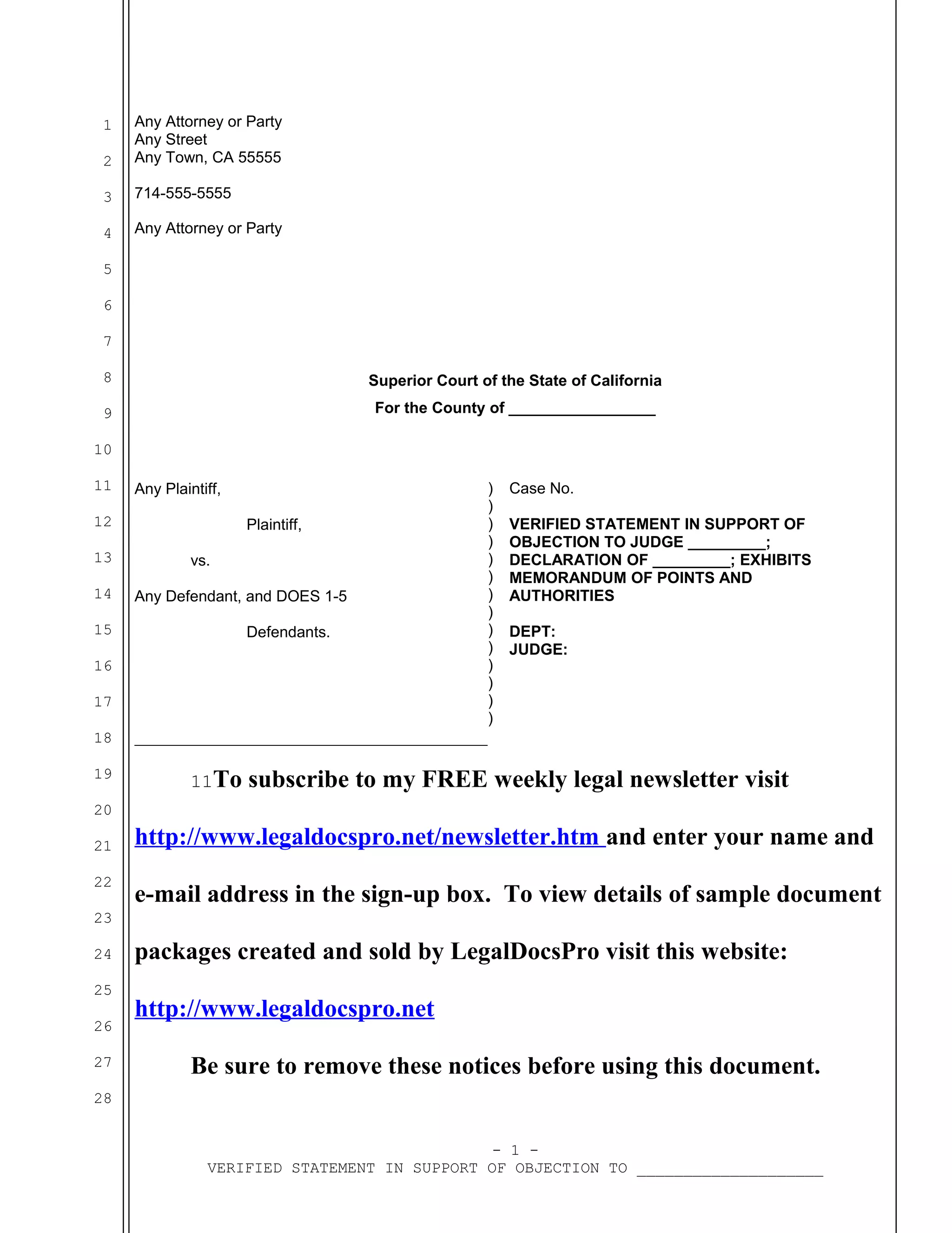 Sample verified statement to disqualify judge in California | DOC