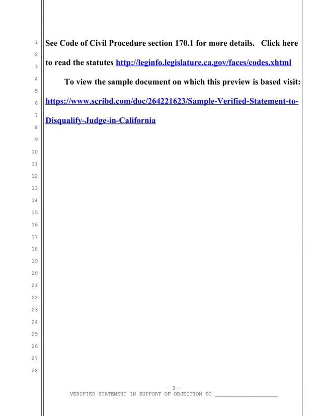 Sample verified statement to disqualify judge in California | DOC | Law