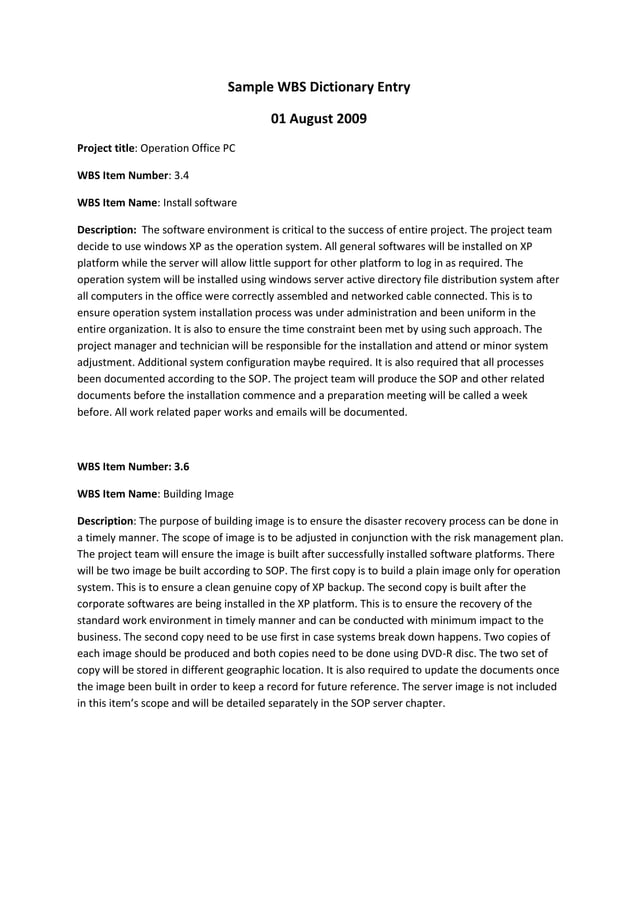 Sample Wbs Dictionary Entry | DOCX | Operating Systems | Computer ...