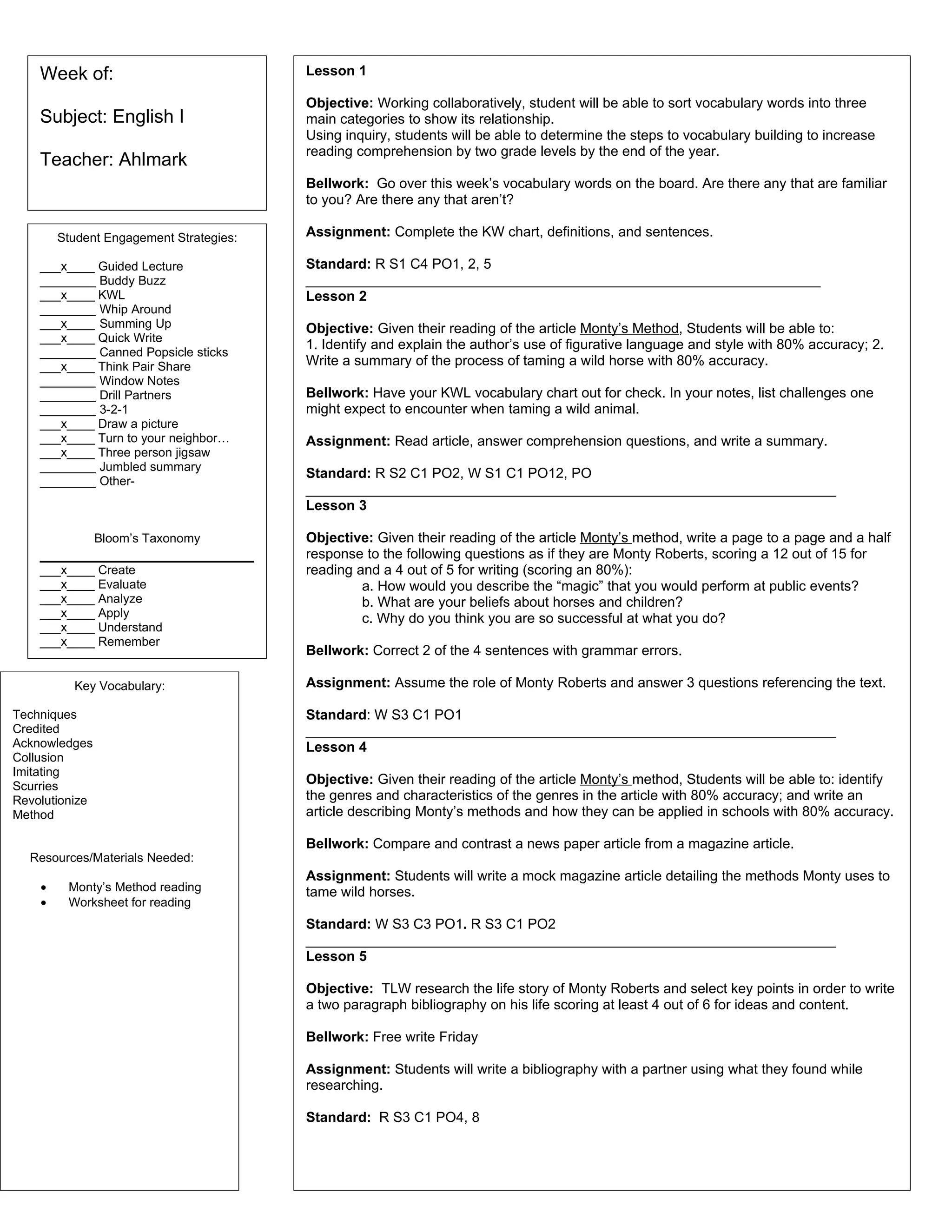 Sample Weekly Lesson Plans | DOC
