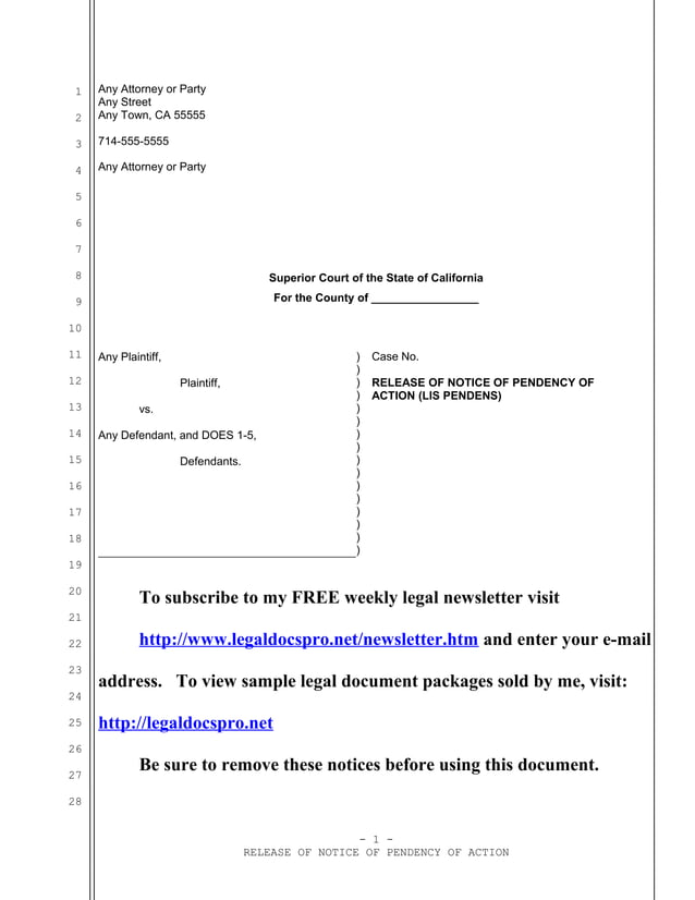 Sample withdrawal of lis pendens for California | DOC
