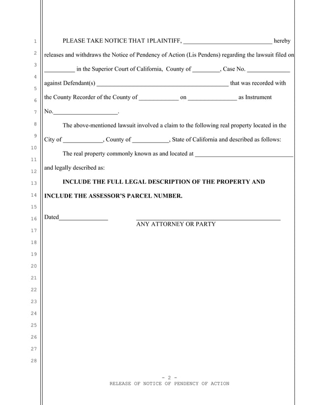 Sample withdrawal of lis pendens for California | DOC