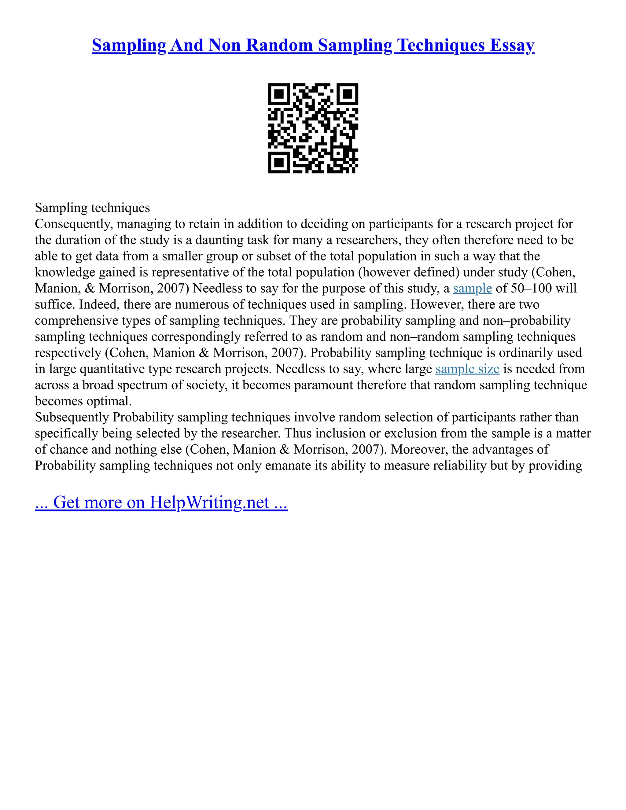 Sampling And Non Random Sampling Techniques Essay | PDF