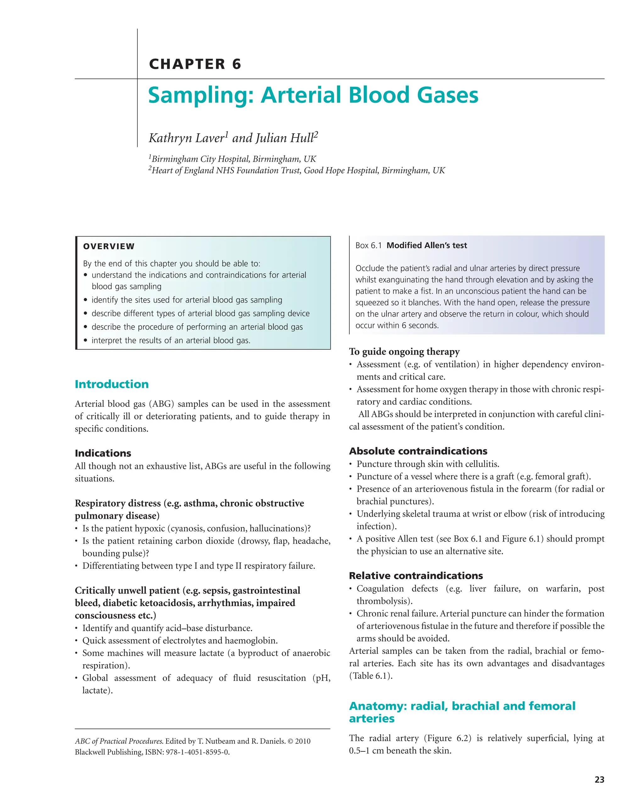 Sampling Arterial Blood Gases Procedures | PDF