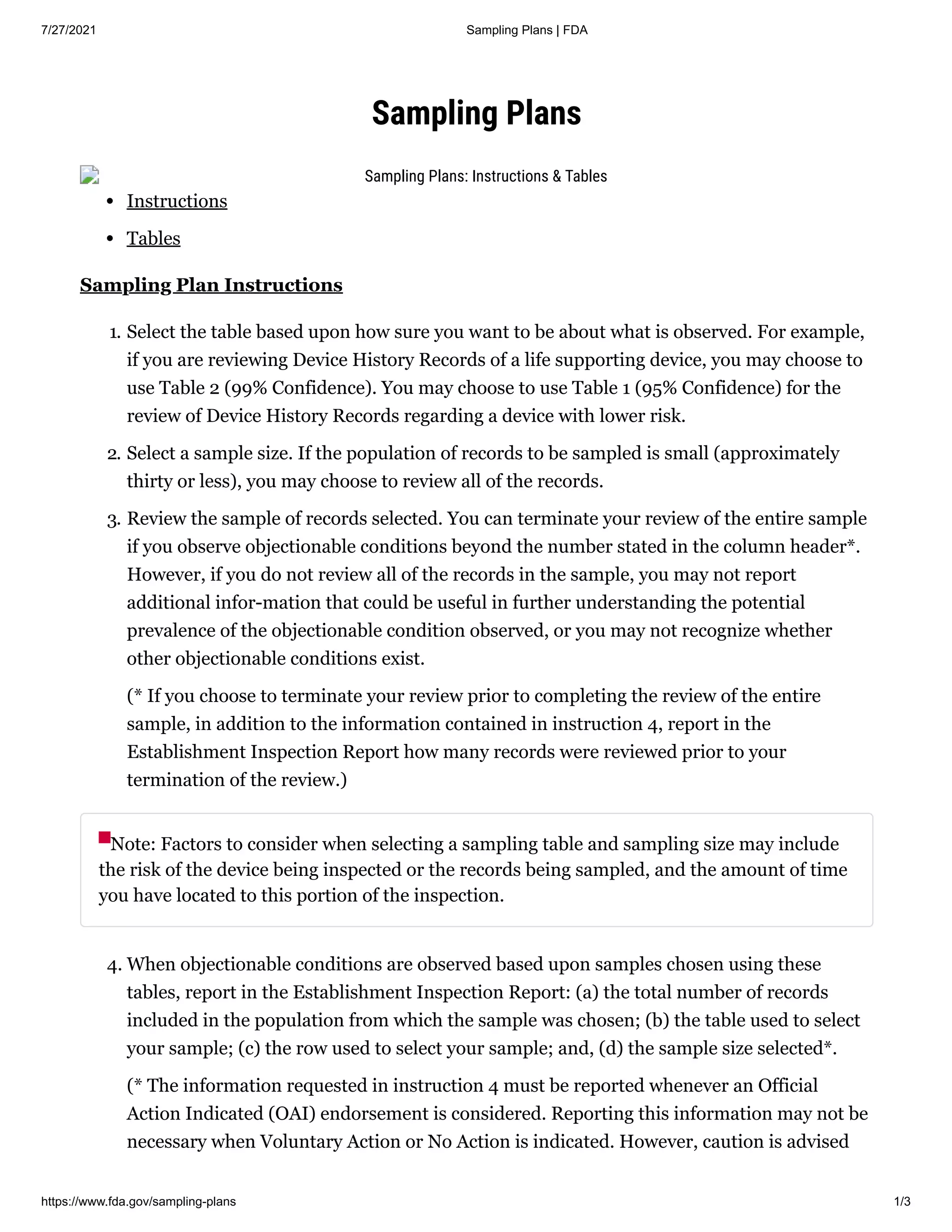 Sampling plans fda | PDF
