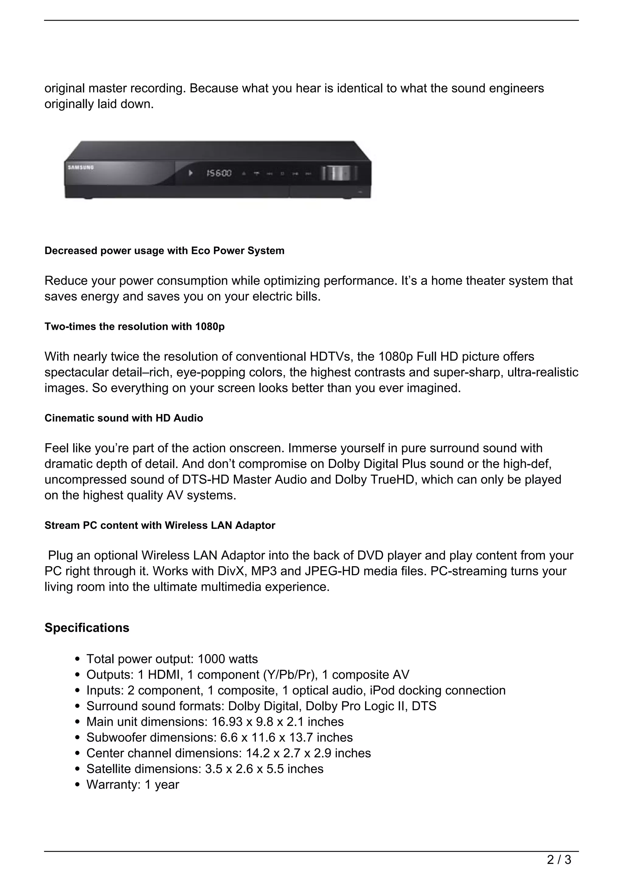 Samsung Electronics HT-D550 Home Theater System | PDF
