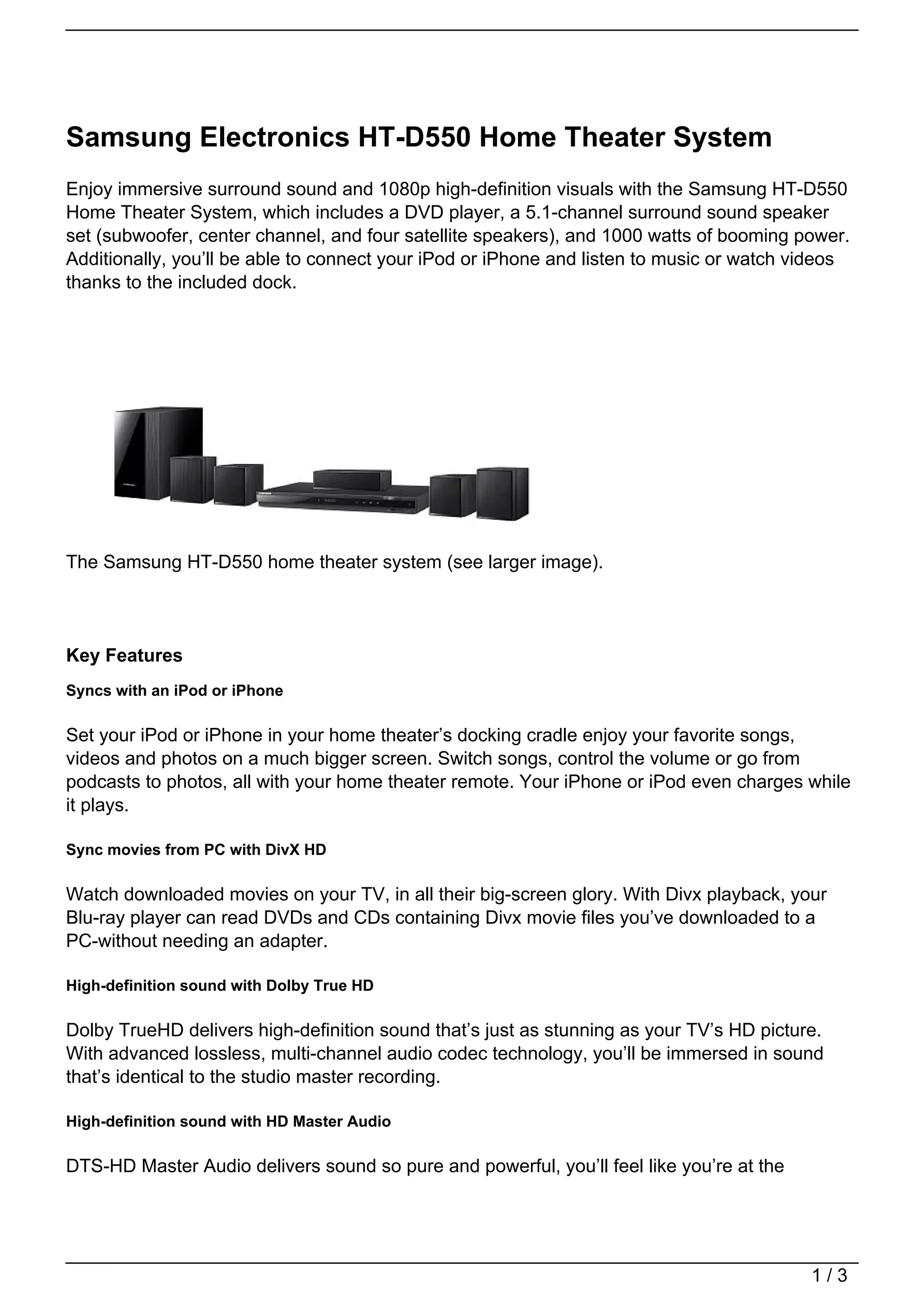 Samsung Electronics HT-D550 Home Theater System | PDF