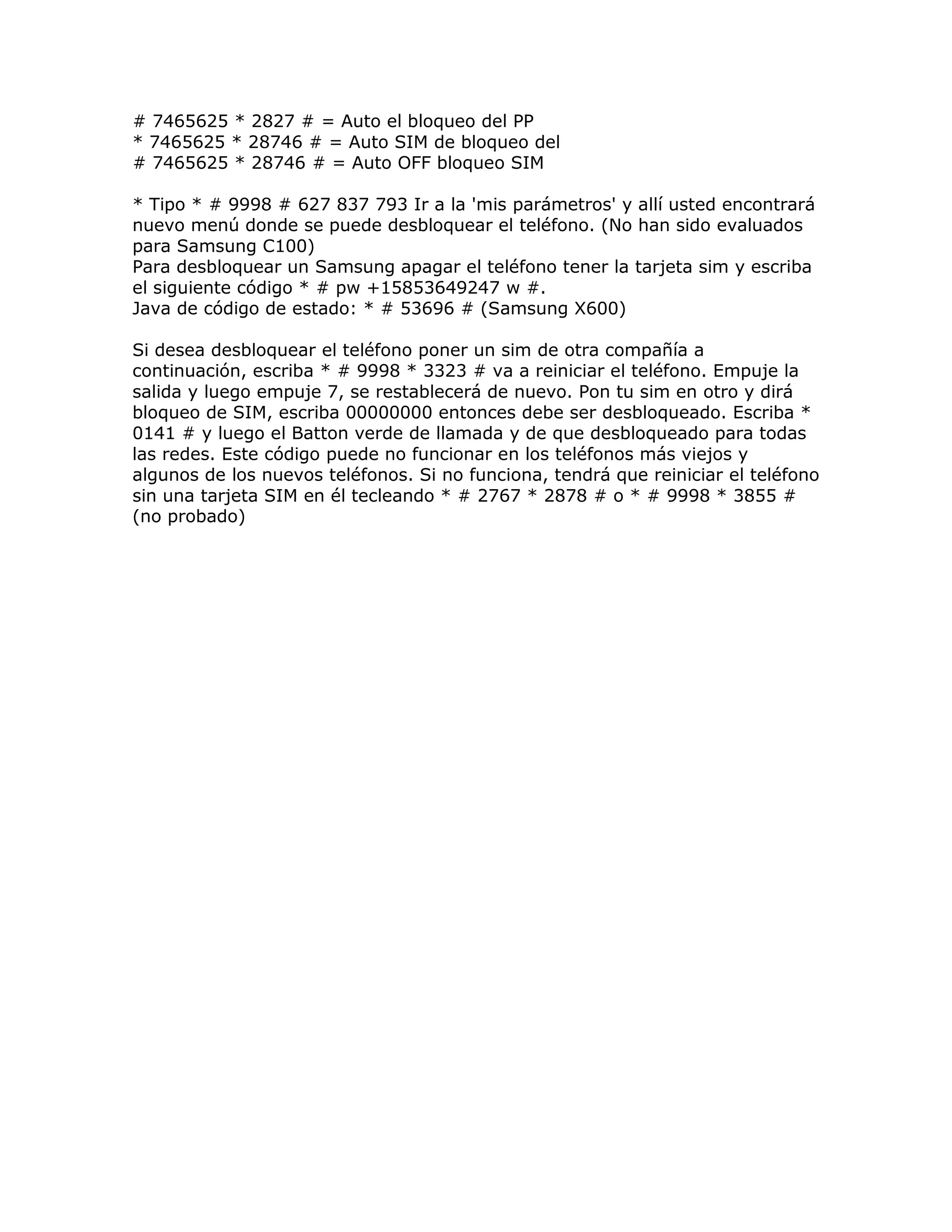 Samsung códigos secretos | DOCX