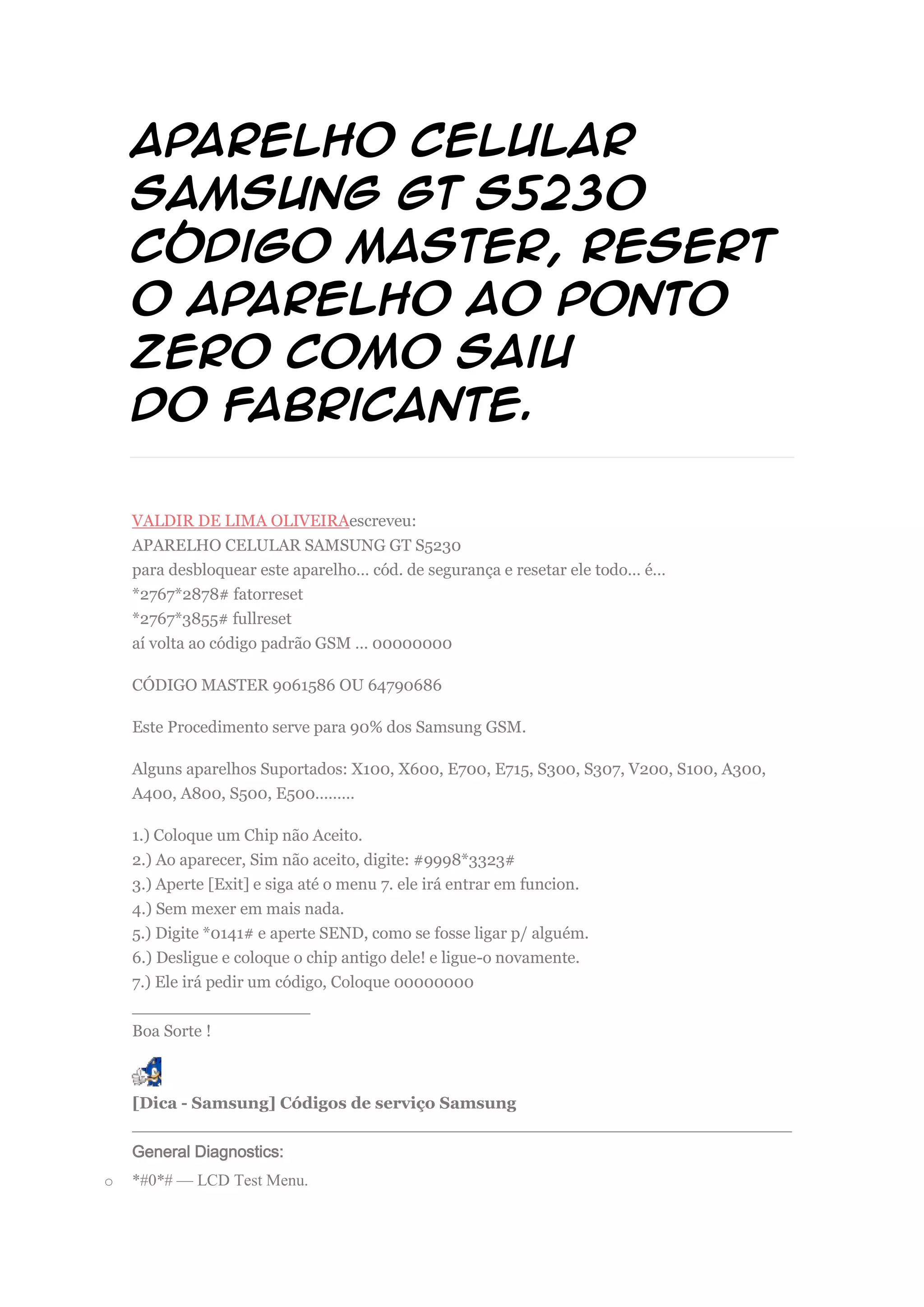 Samsung gt s5230 código master resert | PDF