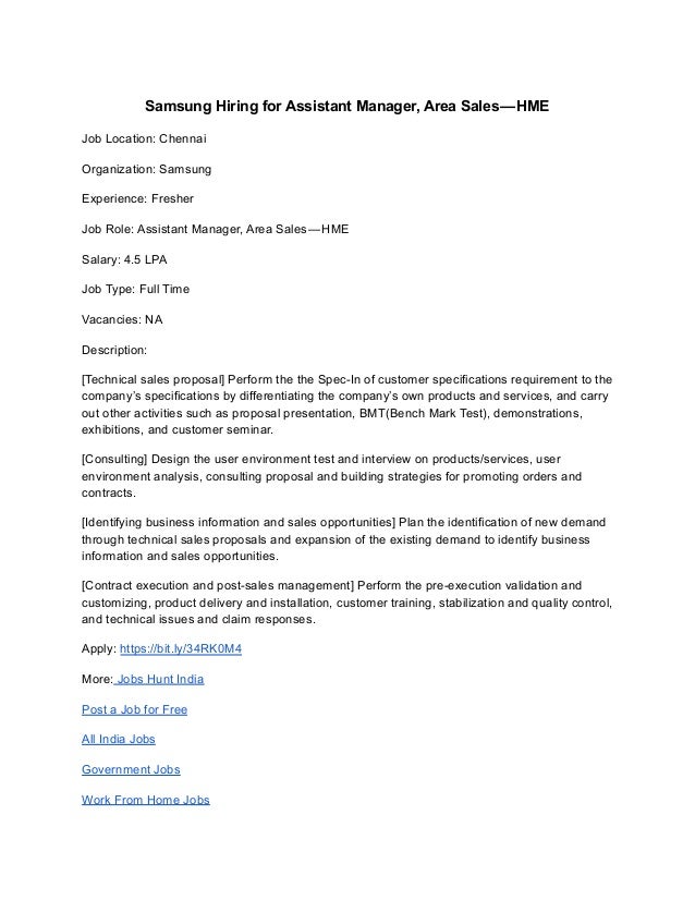 Samsung hiring for assistant manager, area sales — hme | PDF