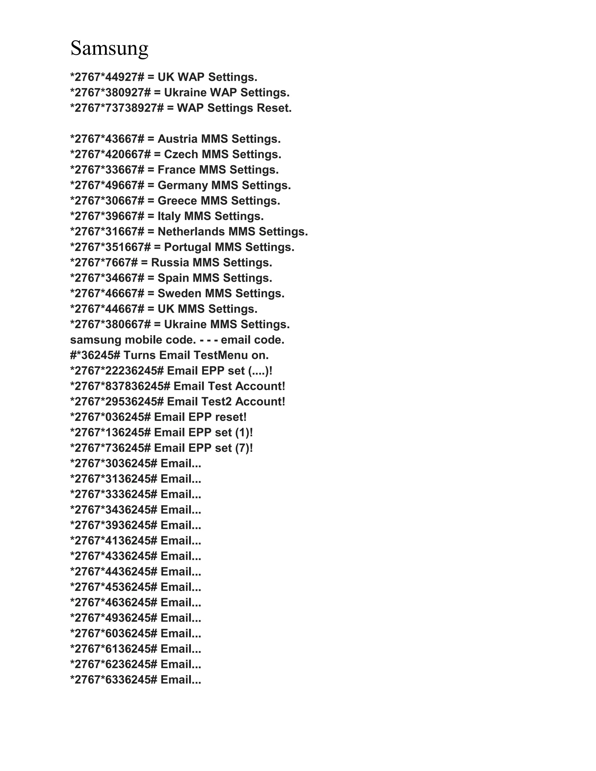 Samsung Mobile Phone Codes | DOCX
