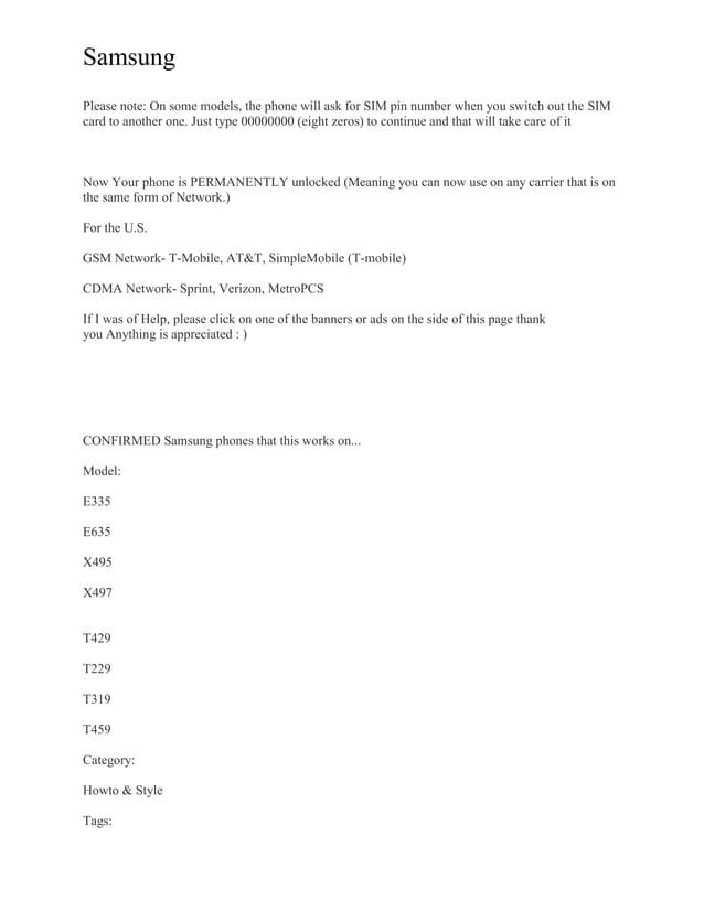 Samsung Mobile Phone Codes | DOCX