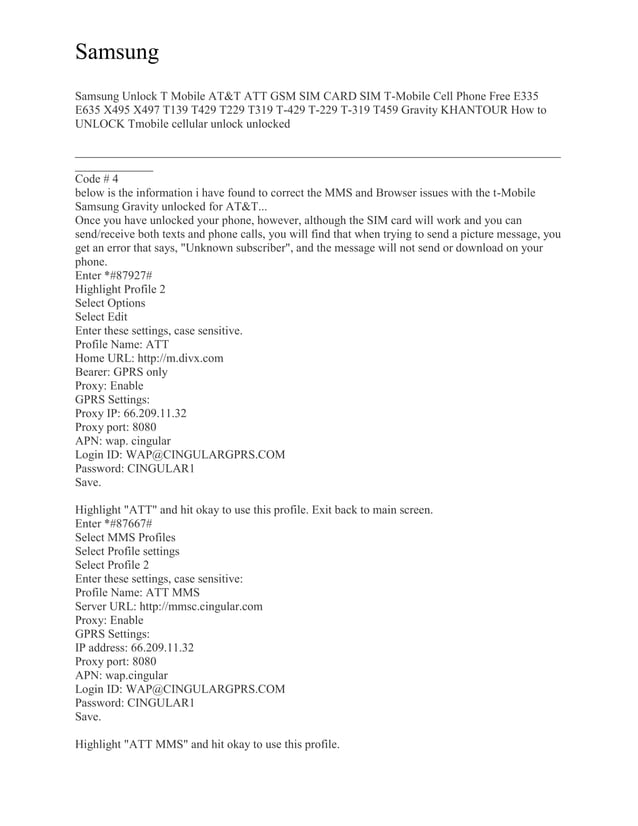 Samsung Mobile Phone Codes | DOCX