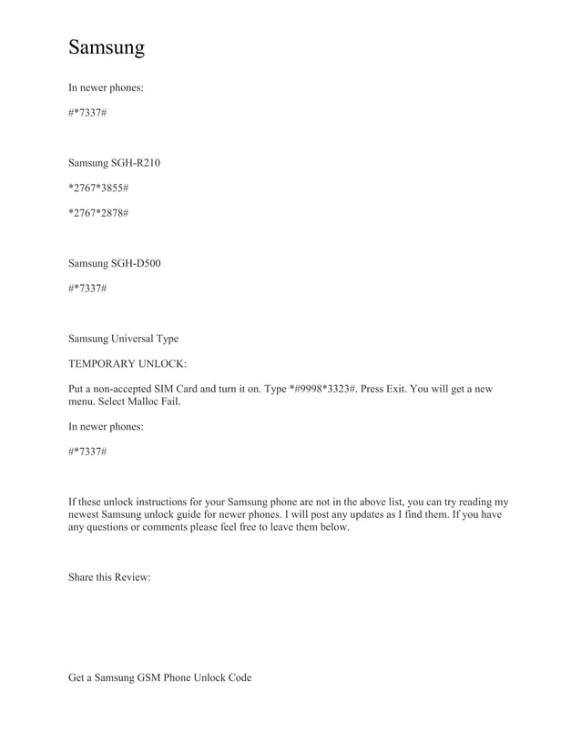 Samsung Mobile Phone Codes | DOCX