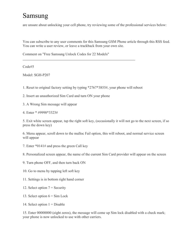 Samsung Mobile Phone Codes | DOCX