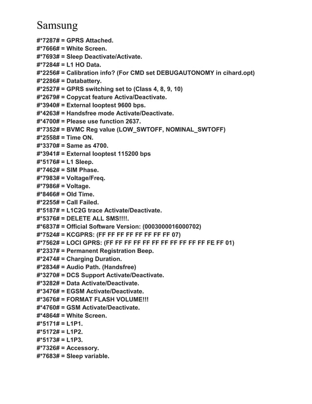 Samsung Mobile Phone Codes | DOCX