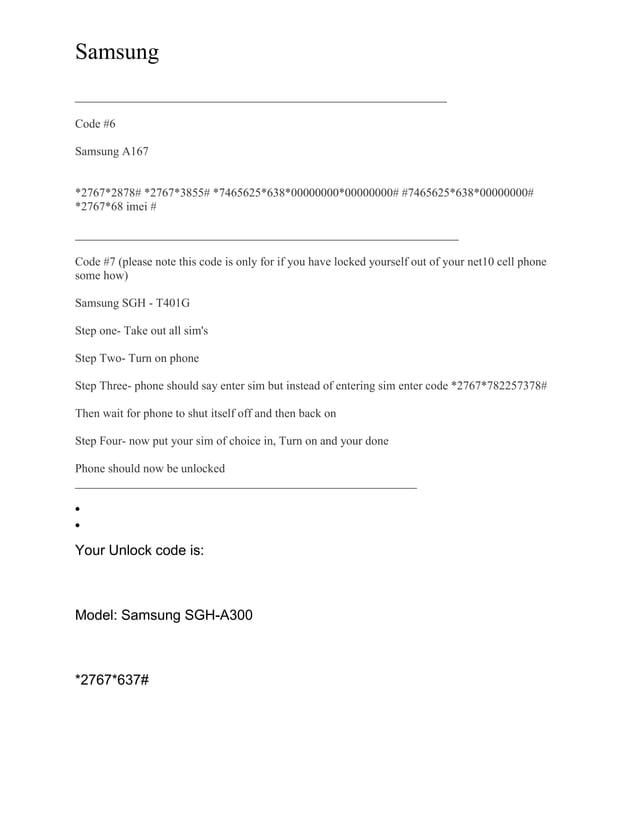 Samsung Mobile Phone Codes | DOCX