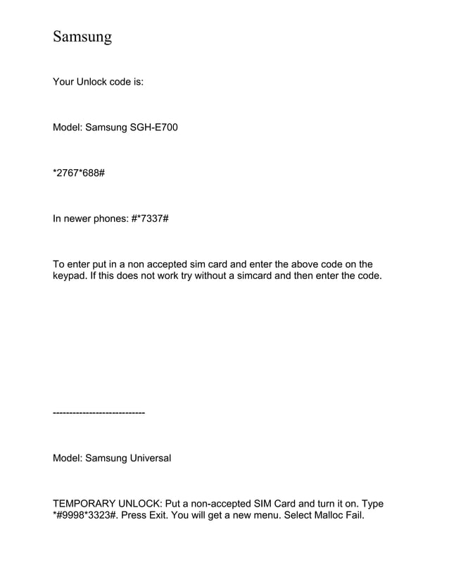 Samsung Mobile Phone Codes | DOCX