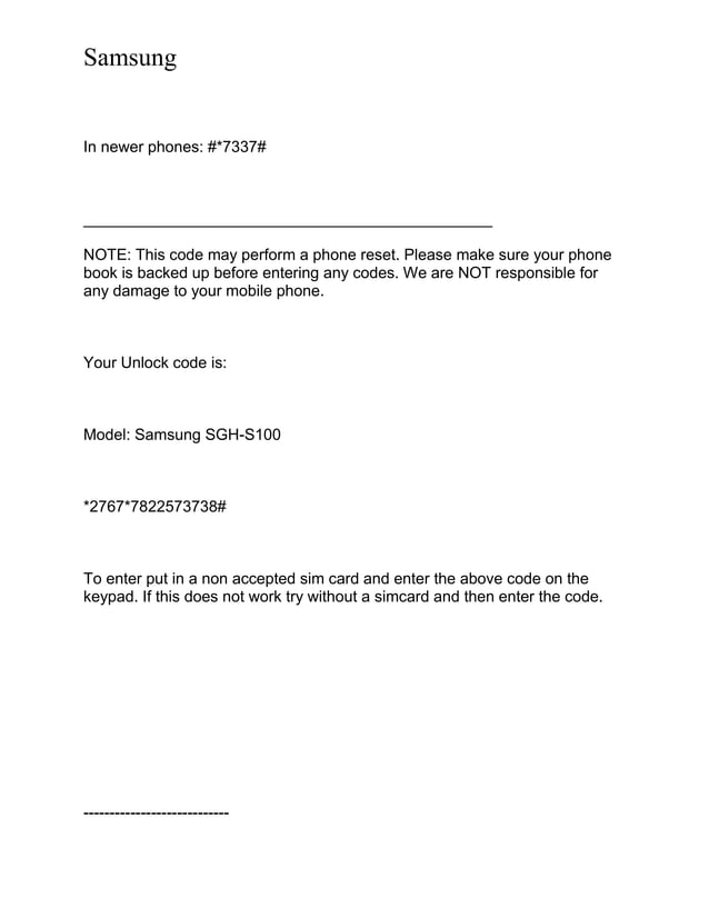 Samsung Mobile Phone Codes | DOCX