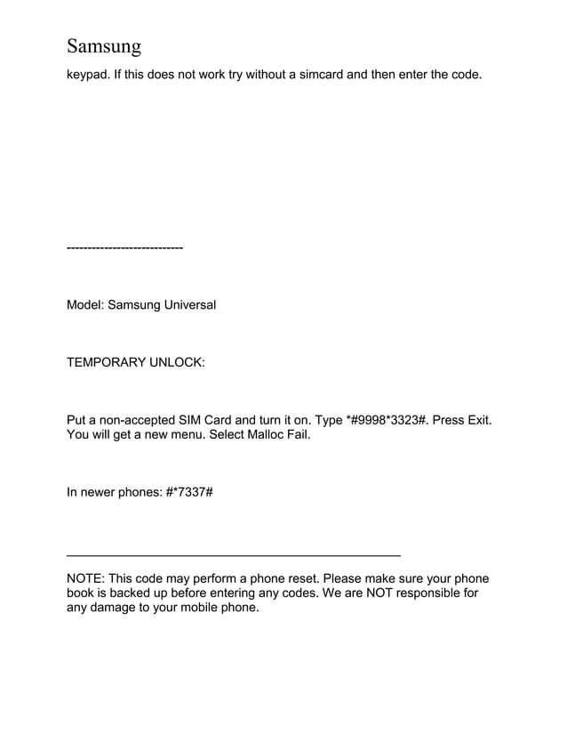 Samsung Mobile Phone Codes | DOCX