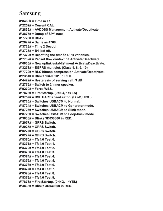 Samsung Mobile Phone Codes | DOCX