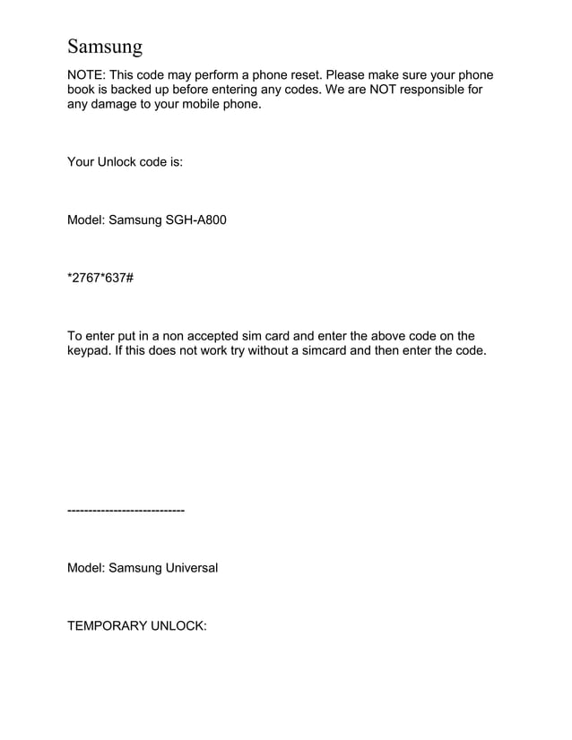 Samsung Mobile Phone Codes | DOCX