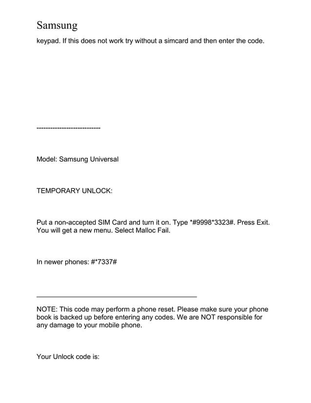 Samsung Mobile Phone Codes | DOCX