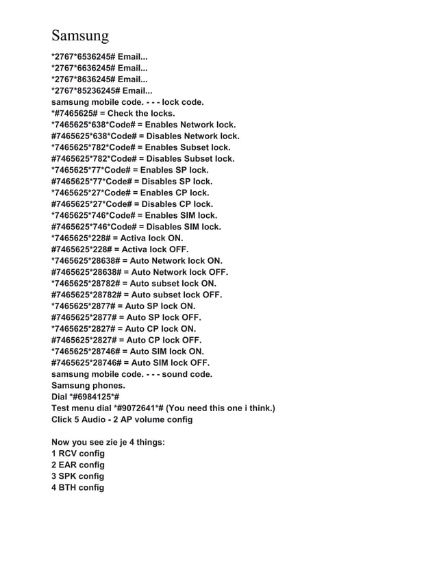 Samsung Mobile Phone Codes | DOCX