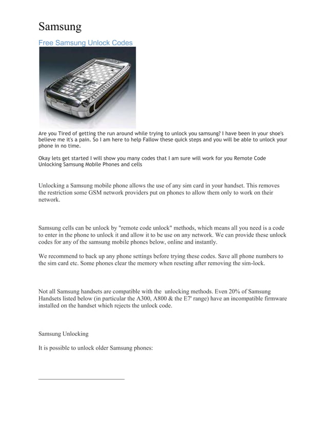 Samsung Mobile Phone Codes | DOCX
