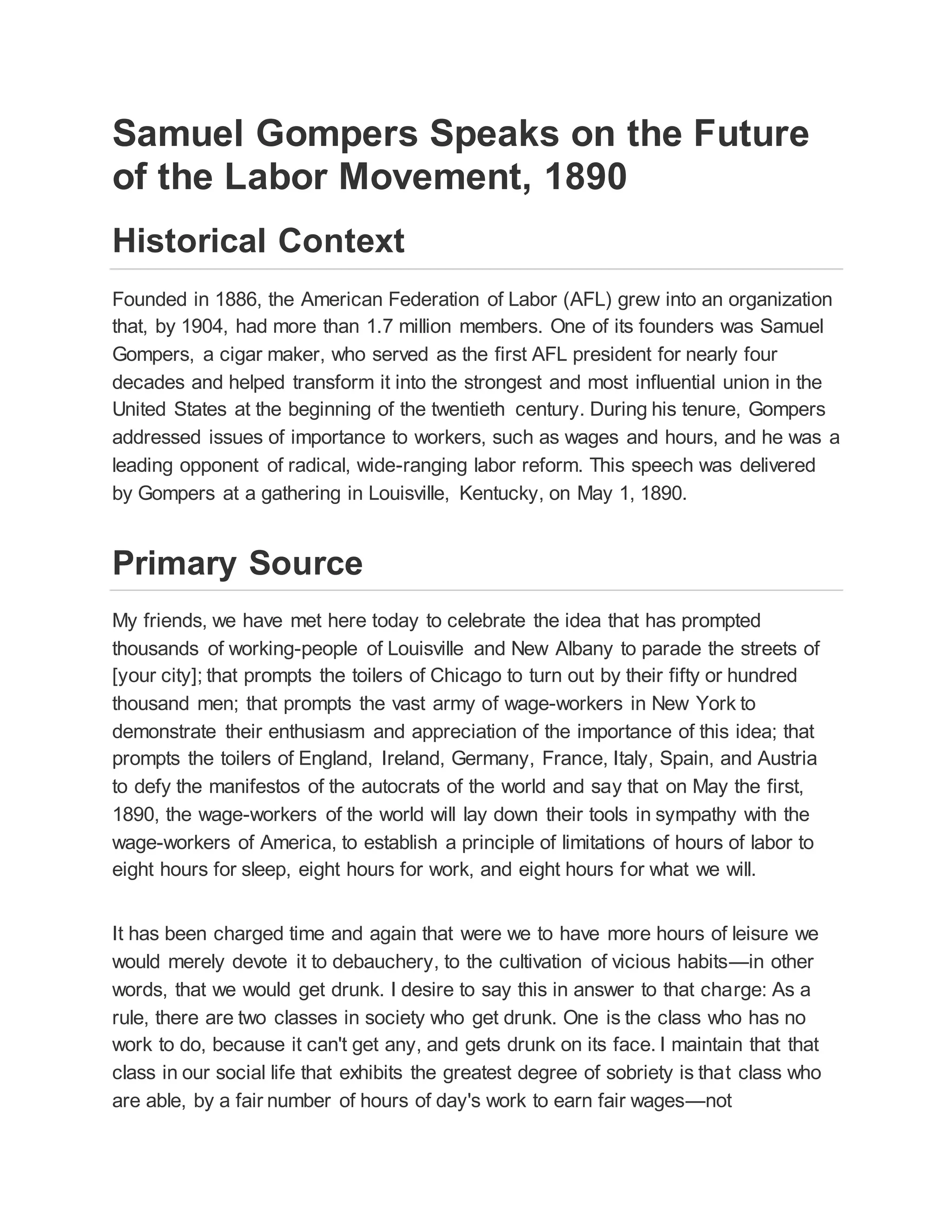 Samuel gompers speaks on the future of the labor movement 1890 | DOC