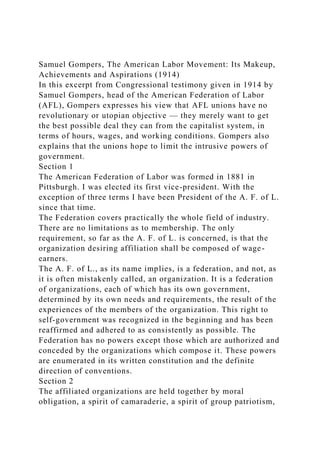 Samuel Gompers, The American Labor Movement Its Makeup, Achieveme.docx
