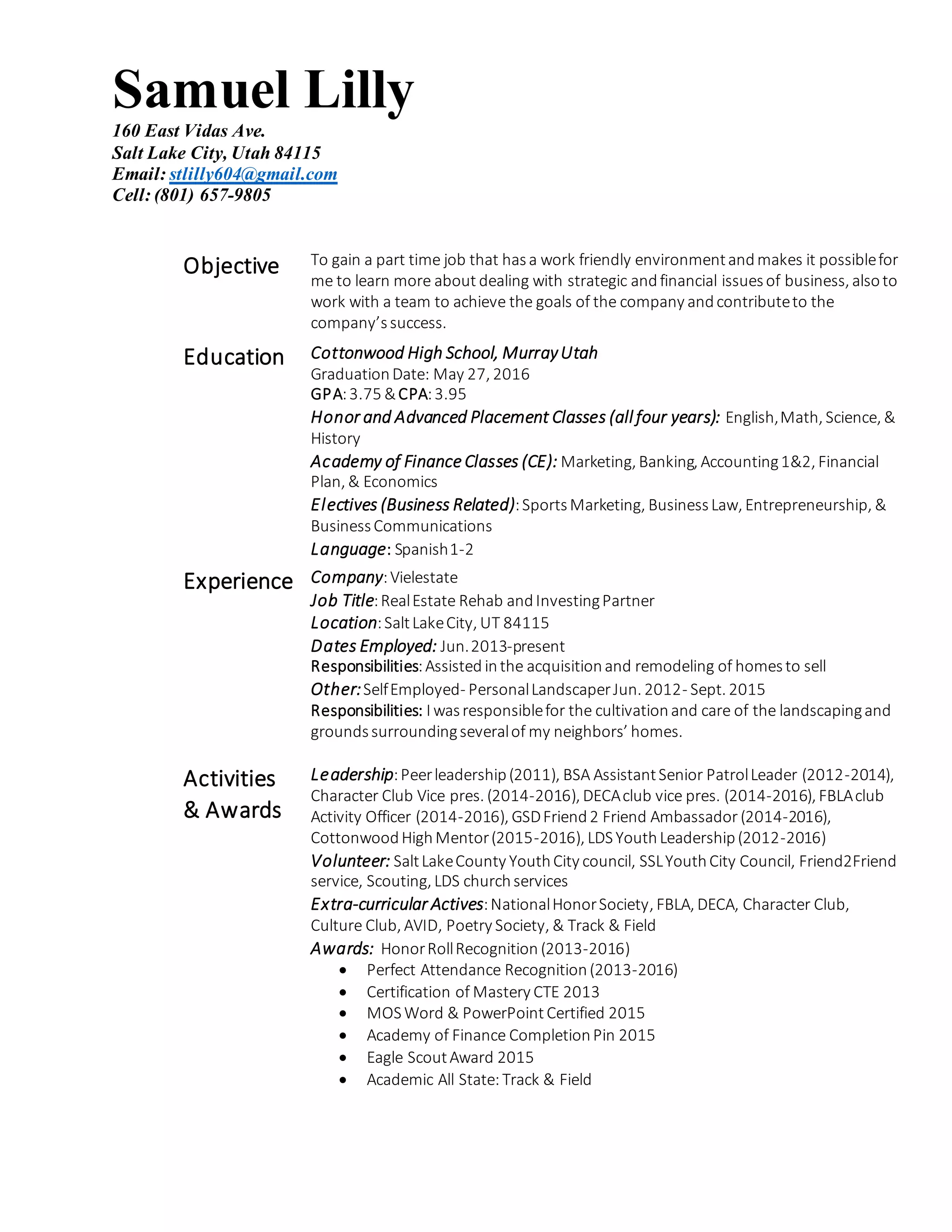 Samuel Lilly's Official Resume | DOCX