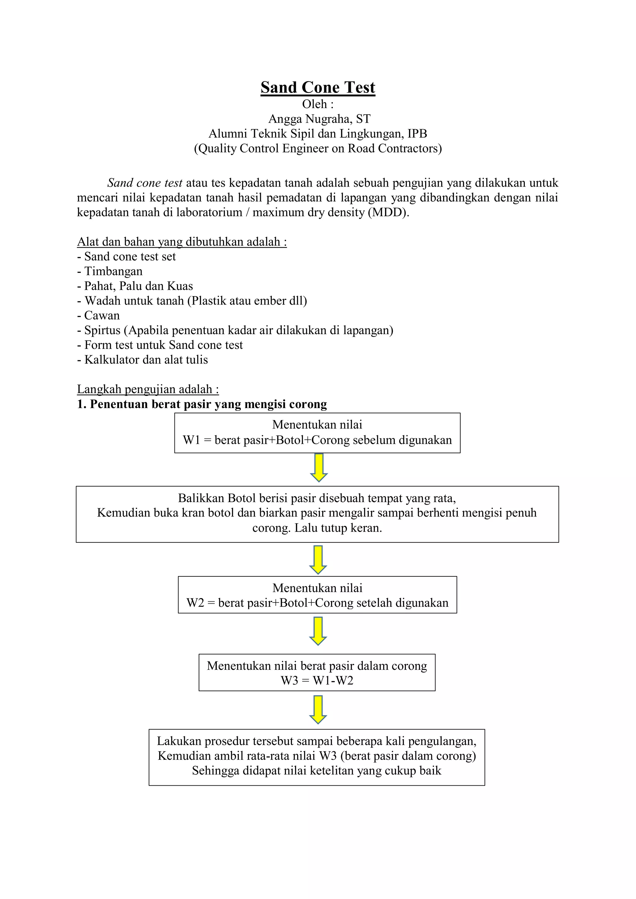 Sand cone test (Tes Kepadatan Tanah di Lapangan) | PDF