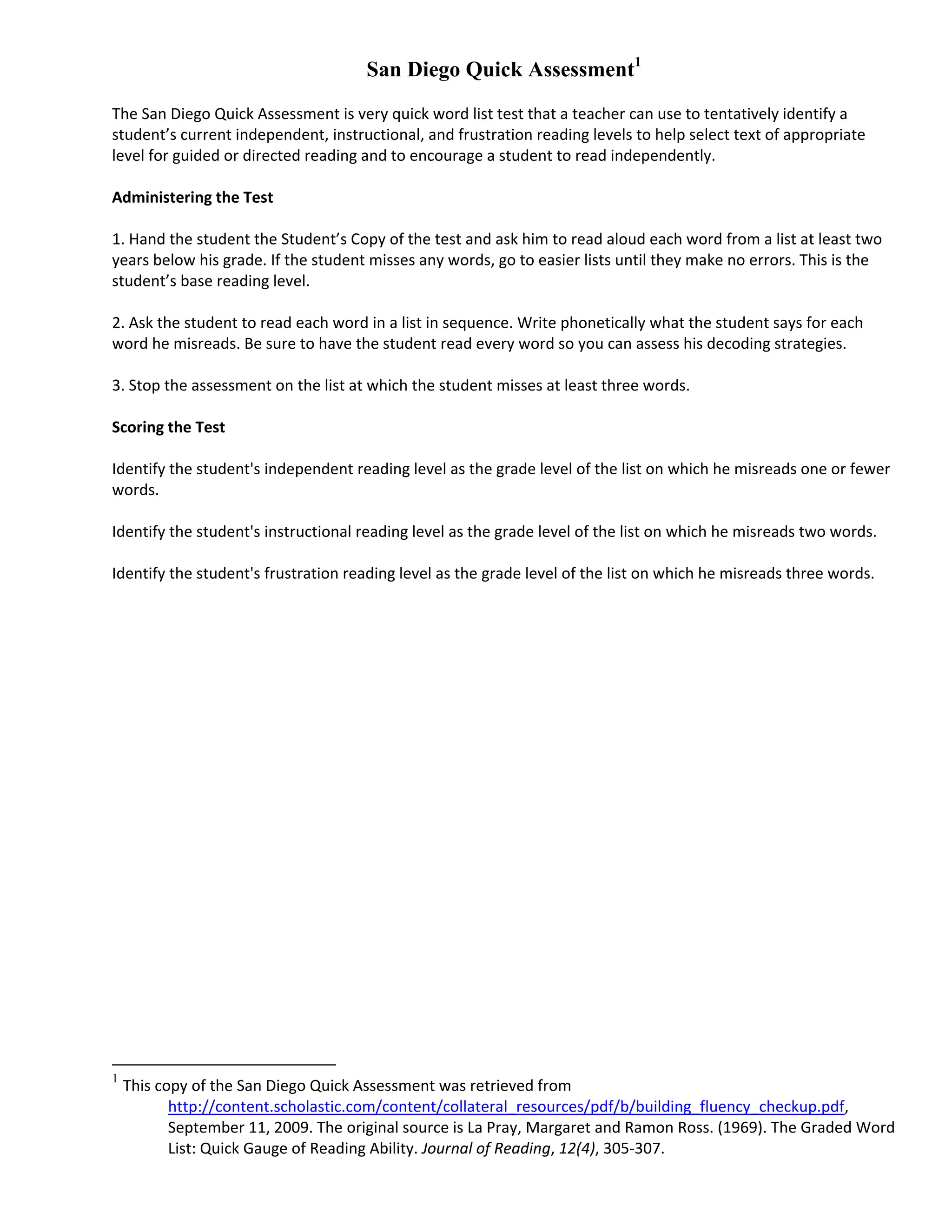 San diego quick assessment graded word list | PDF | Educational ...