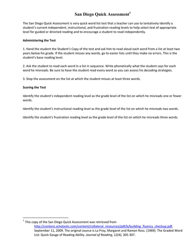 San diego quick assessment graded word list | PDF | Educational ...