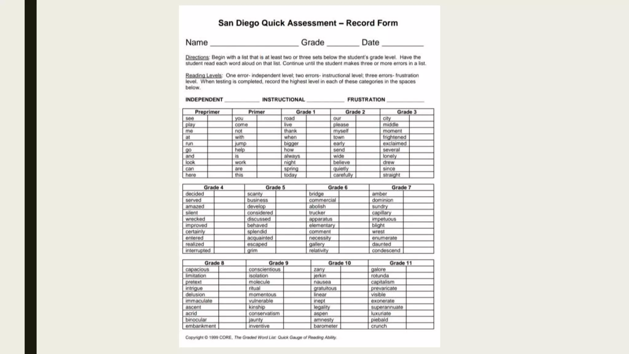 San diego quick assessment of reading ability | PPTX