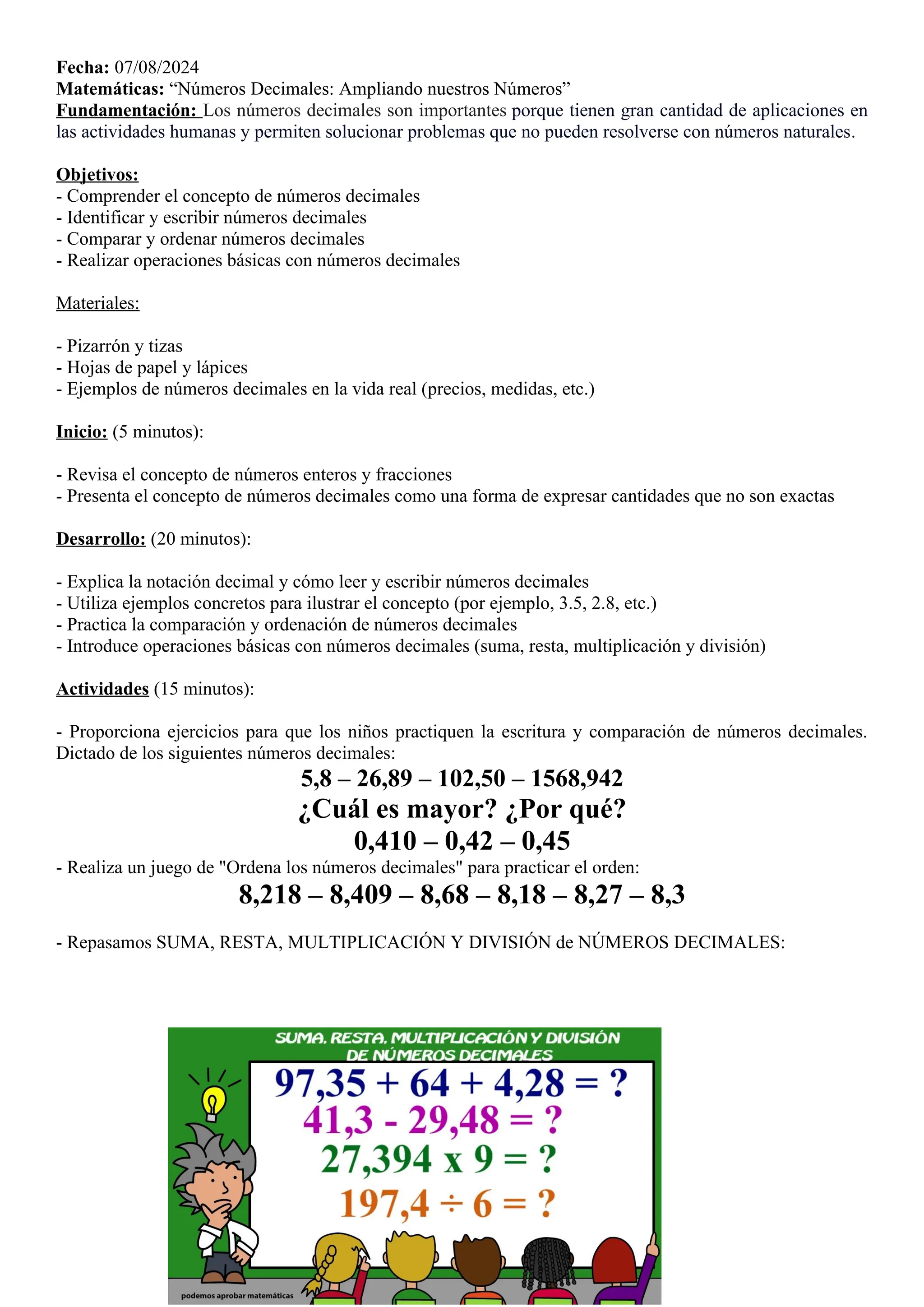 Números Decimales para niños de 11 años de nivel primario | DOCX