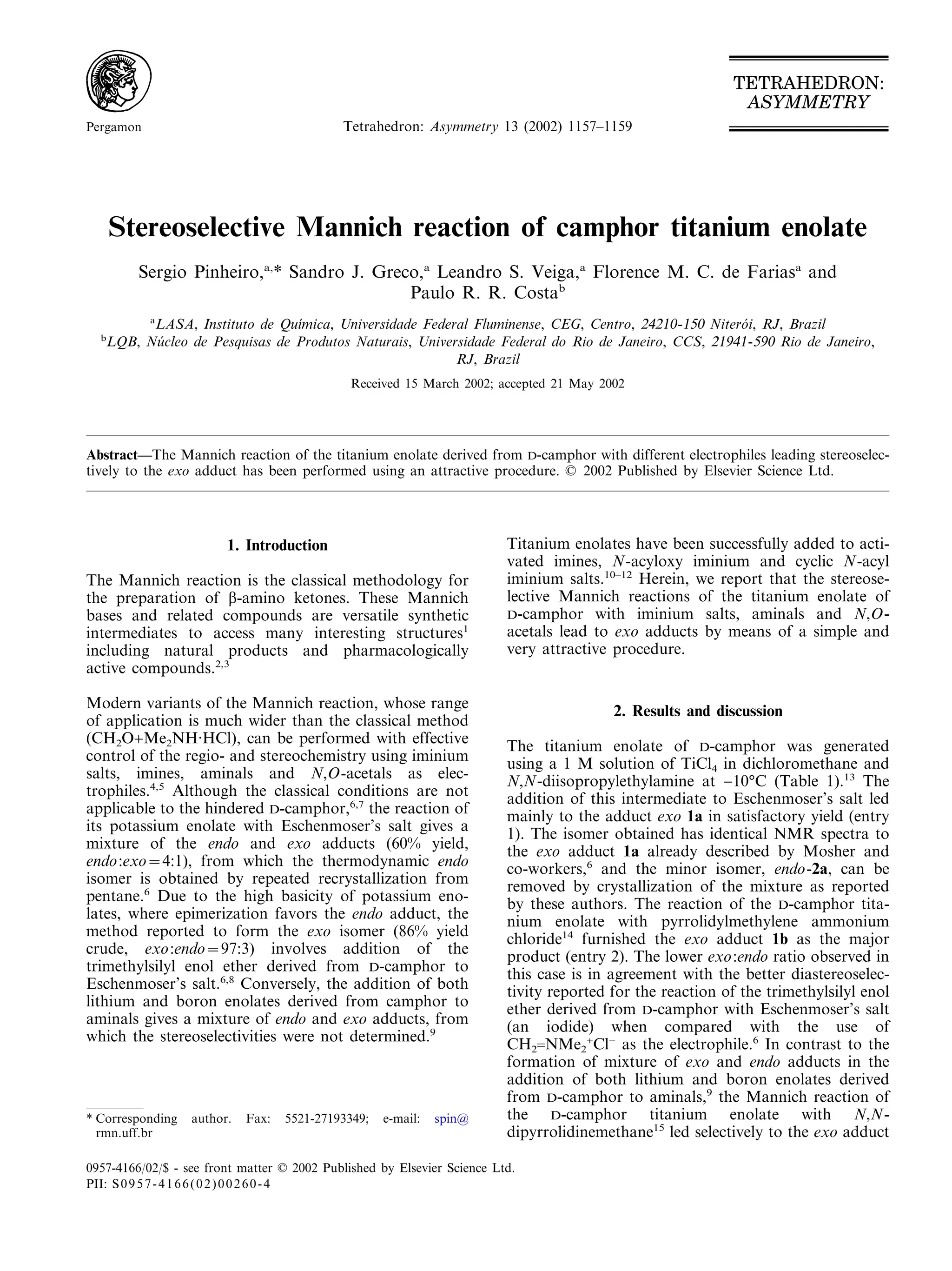 Sandrogreco Stereoselective Mannich Reaction Of Camphor Titanium ...