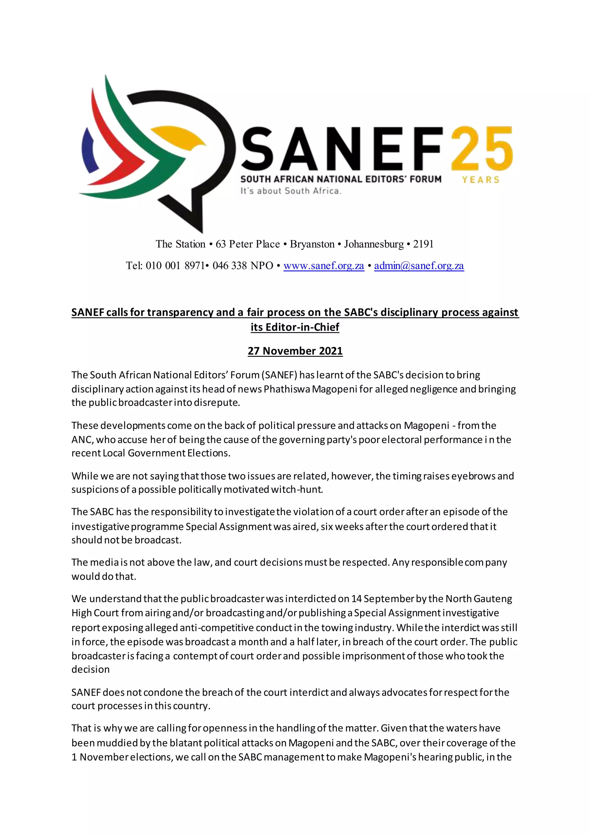 Sanef presser sanef calls for transparency and a fair process on the ...