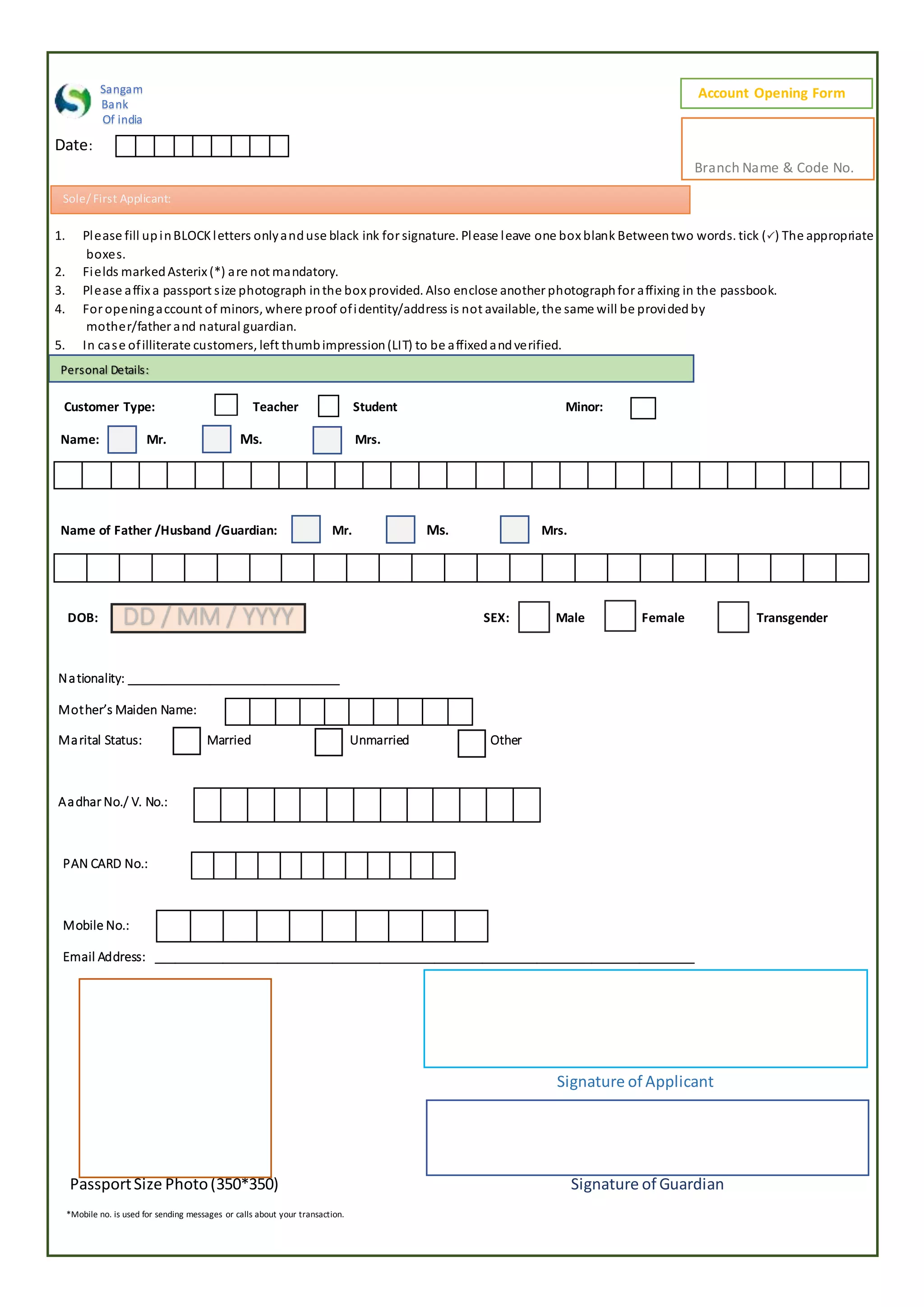 Bank Application Form In Document or Word . | DOCX