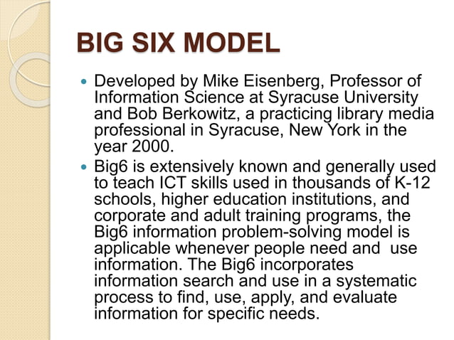 BIG 6 Information Literacy Model | PPTX | Search | Internet