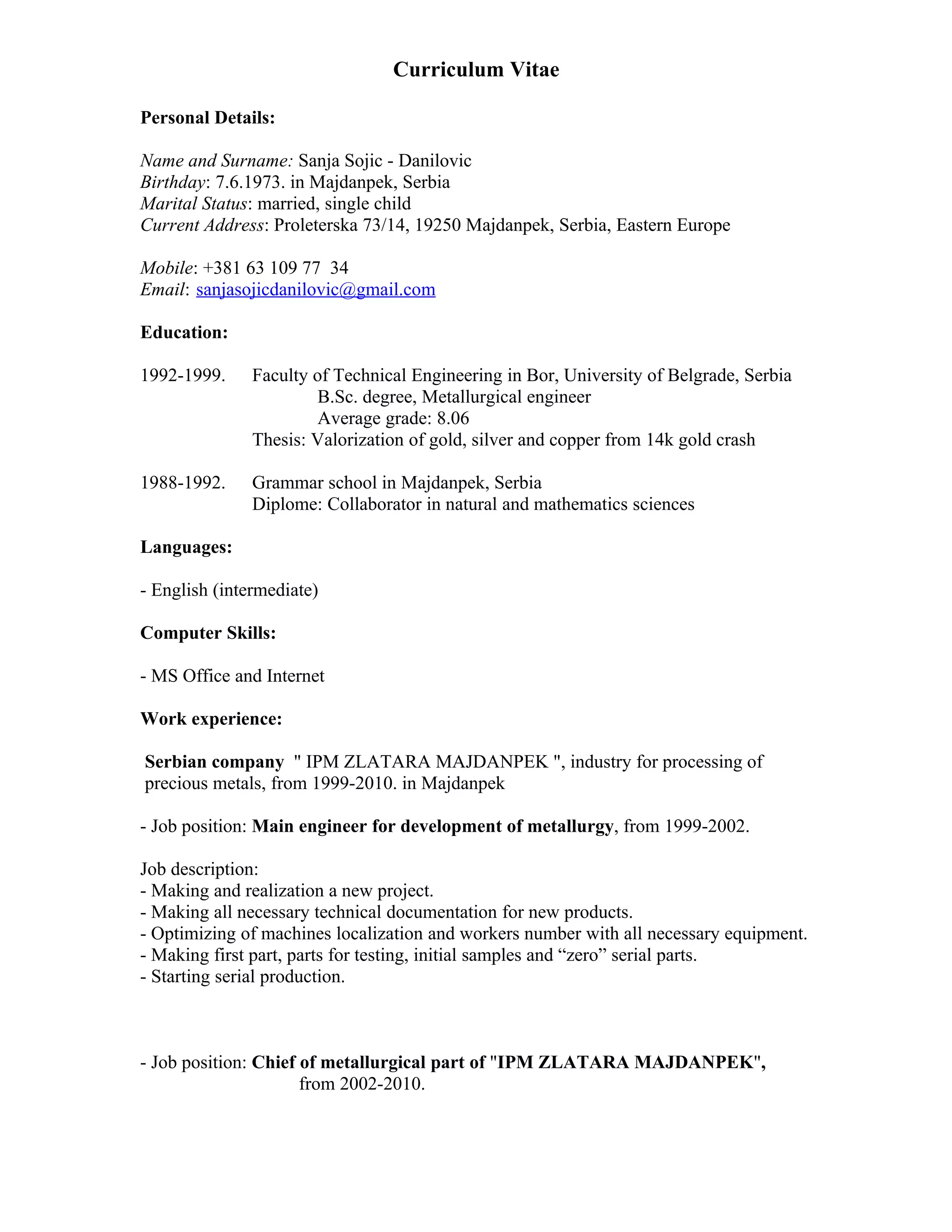 Sanja Cv Eng | DOC