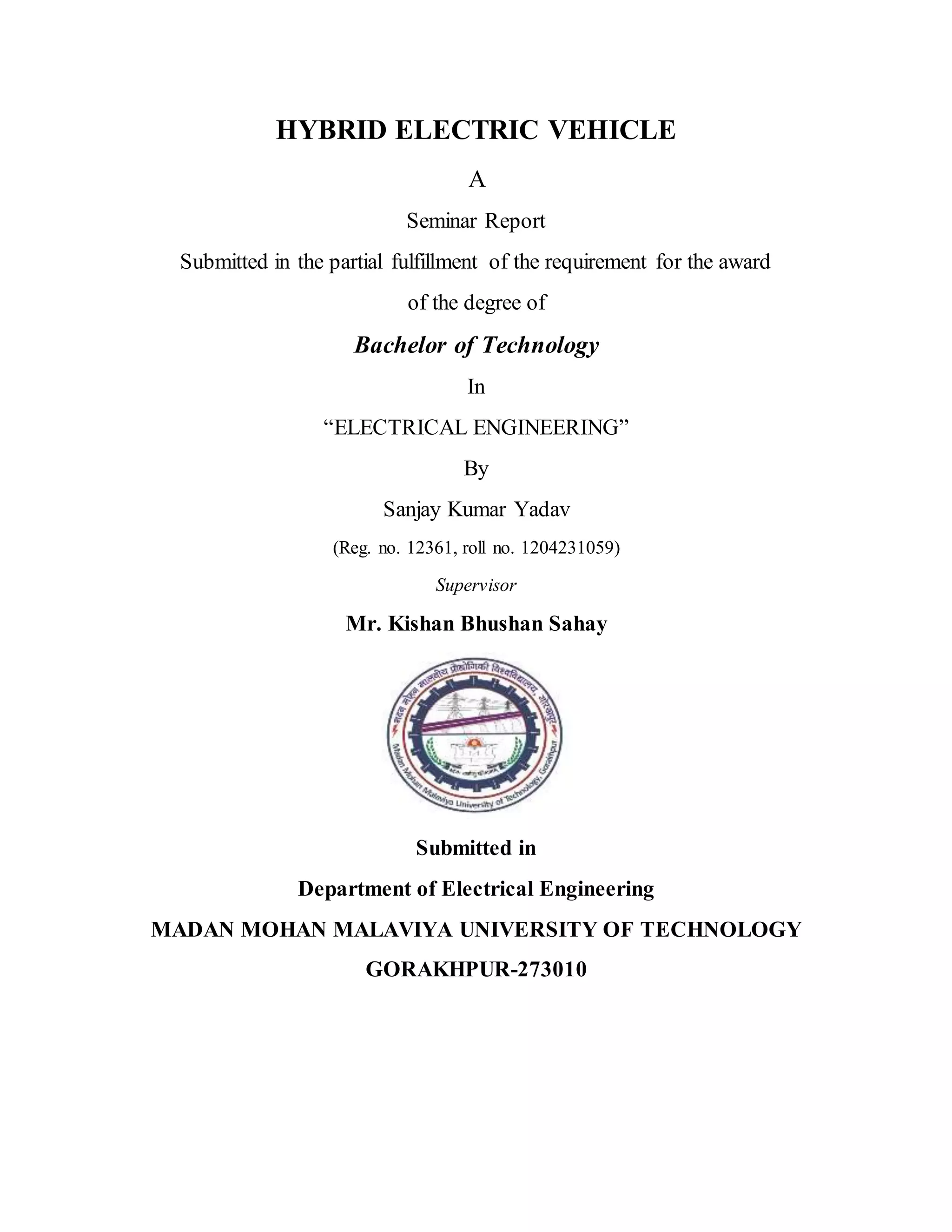 A seminar report on hybrid electric vehicle | DOCX