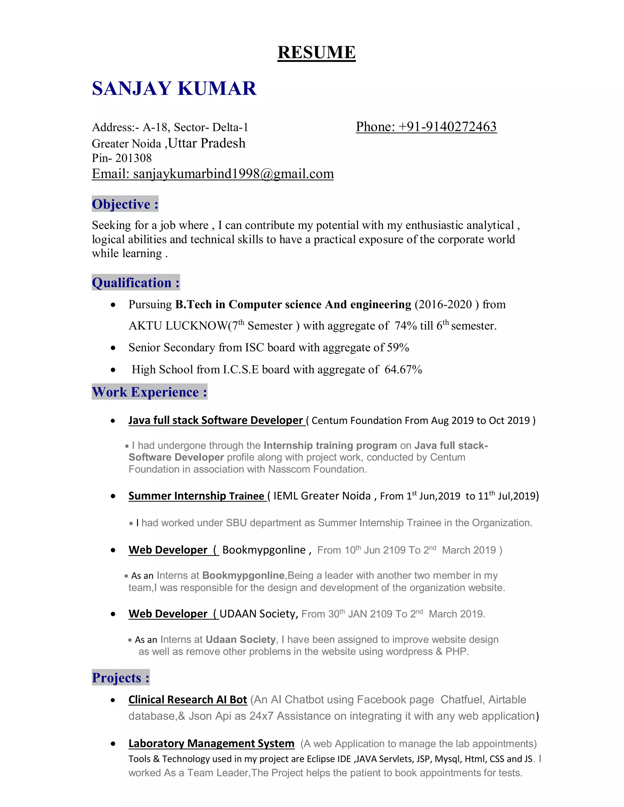 Sanjay's Resume | PDF