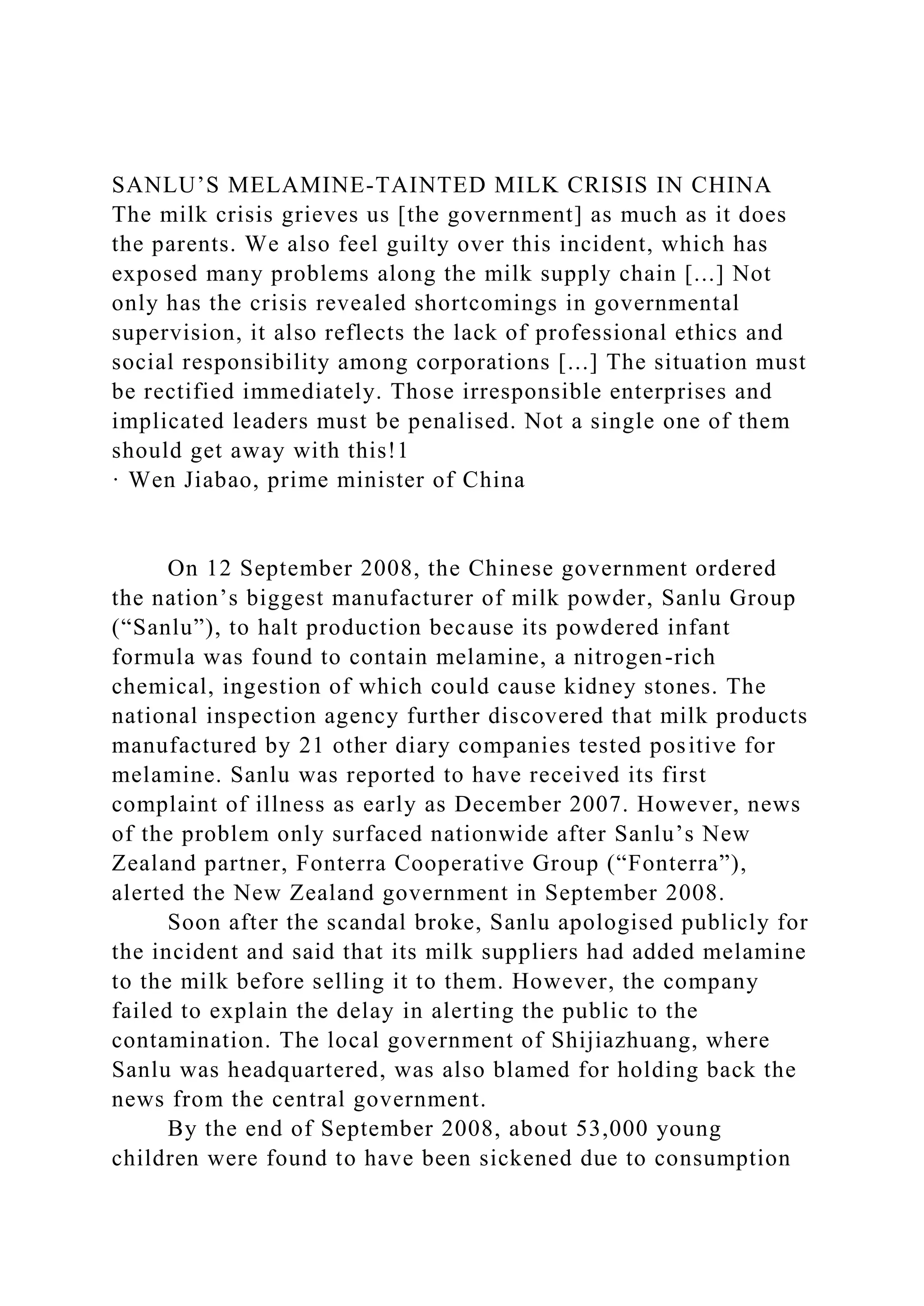 SANLU’S MELAMINE-TAINTED MILK CRISIS IN CHINAThe milk crisis gri.docx
