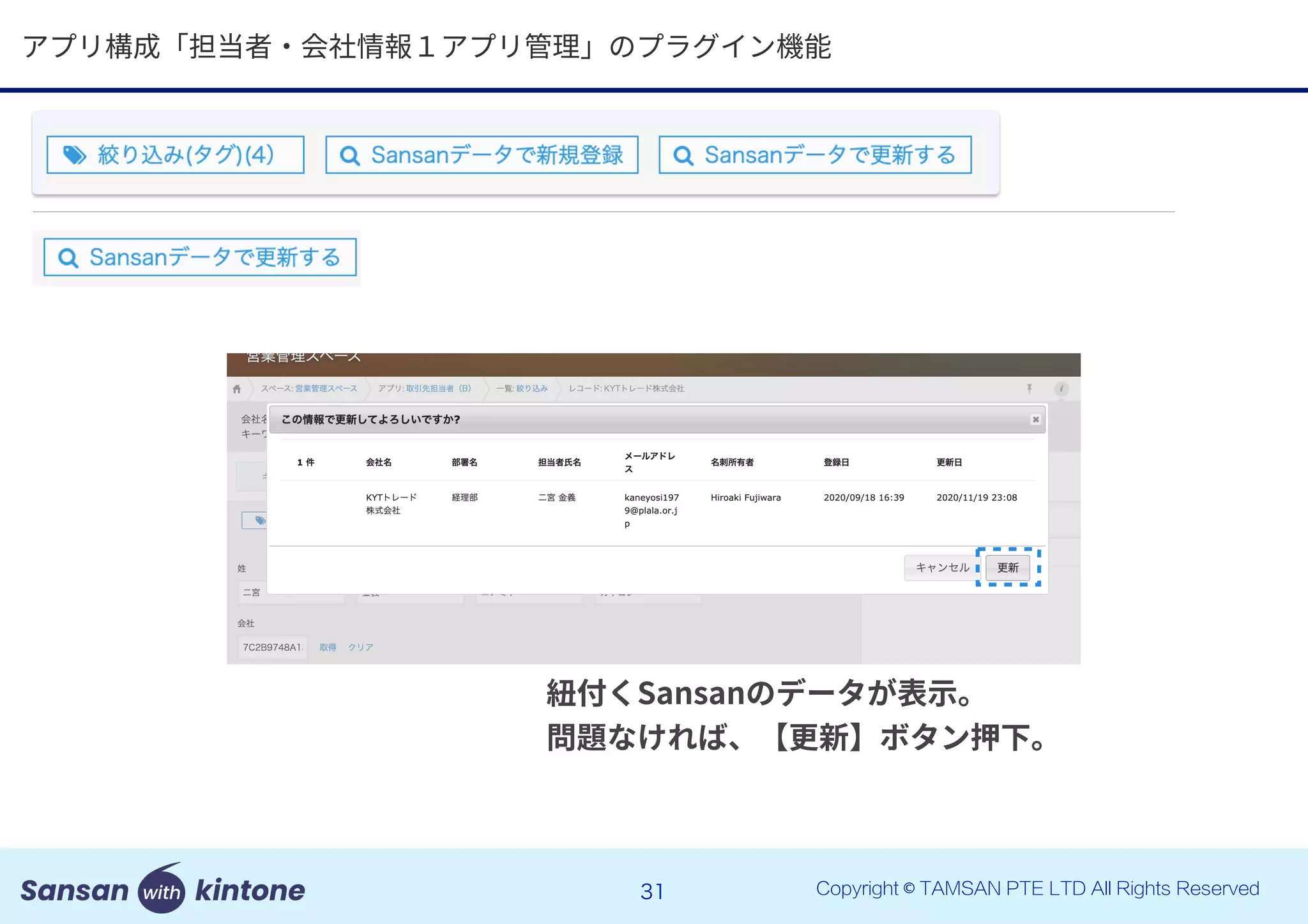 Sansan with kintone | 担当者・会社情報1アプリ管理の場合に、プラグイン機能」で利用できる機能 | PDF
