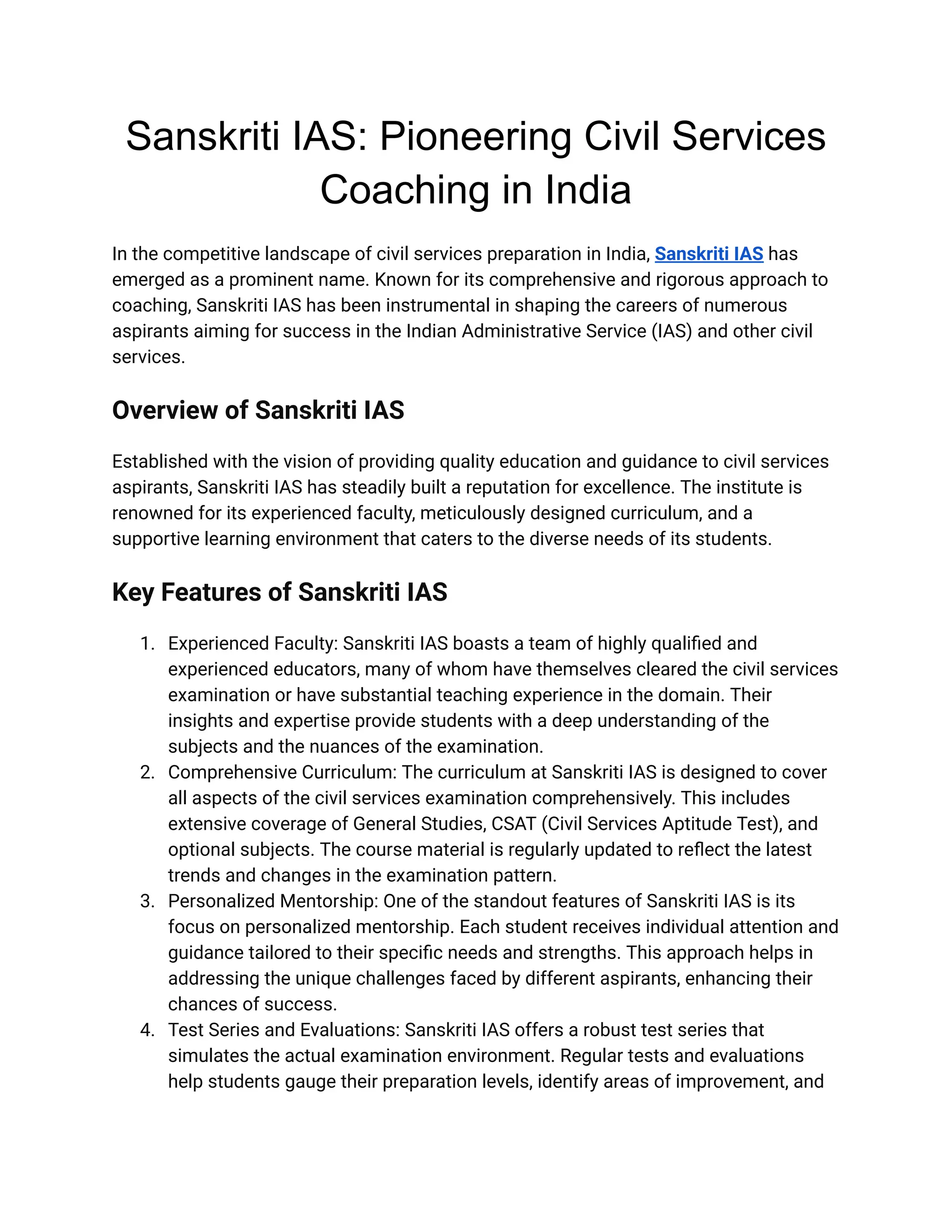 Sanskriti IAS: Pioneering Civil Services Coaching in India | PDF