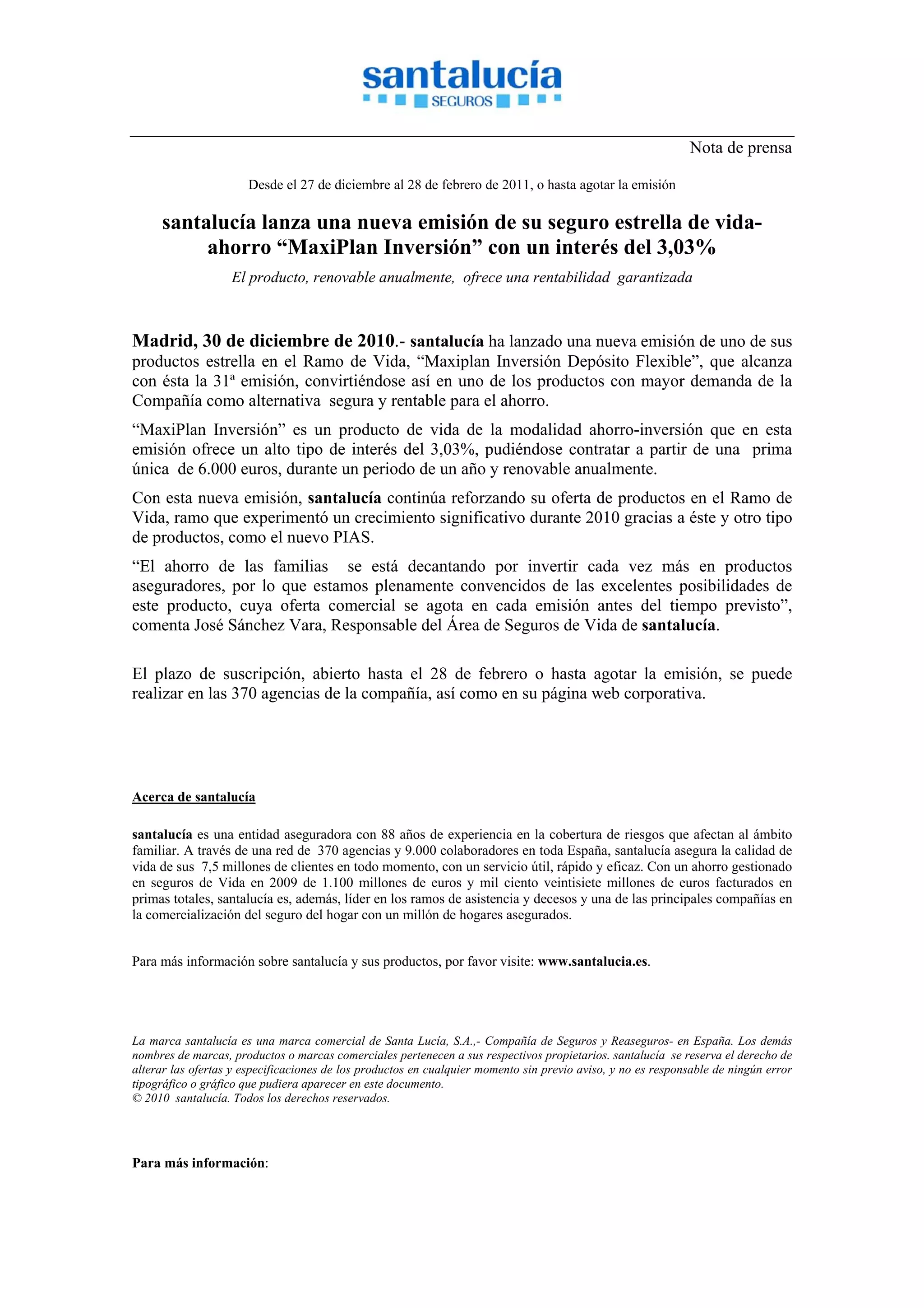 Santalucia lanzamiento nueva emisión Maxiplan Inversión Depósito ...