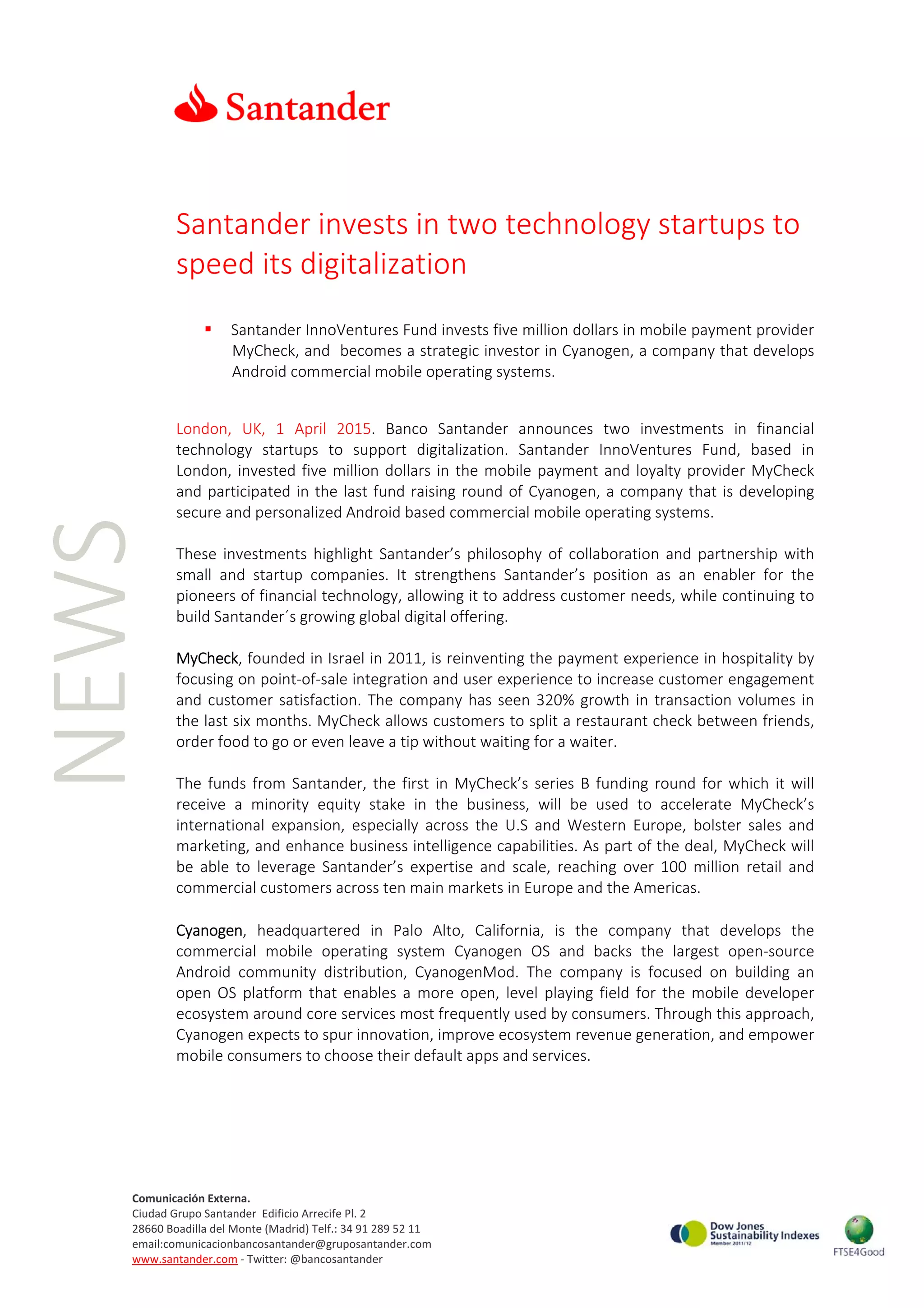 Santander invests in two technology startups to speed its ...