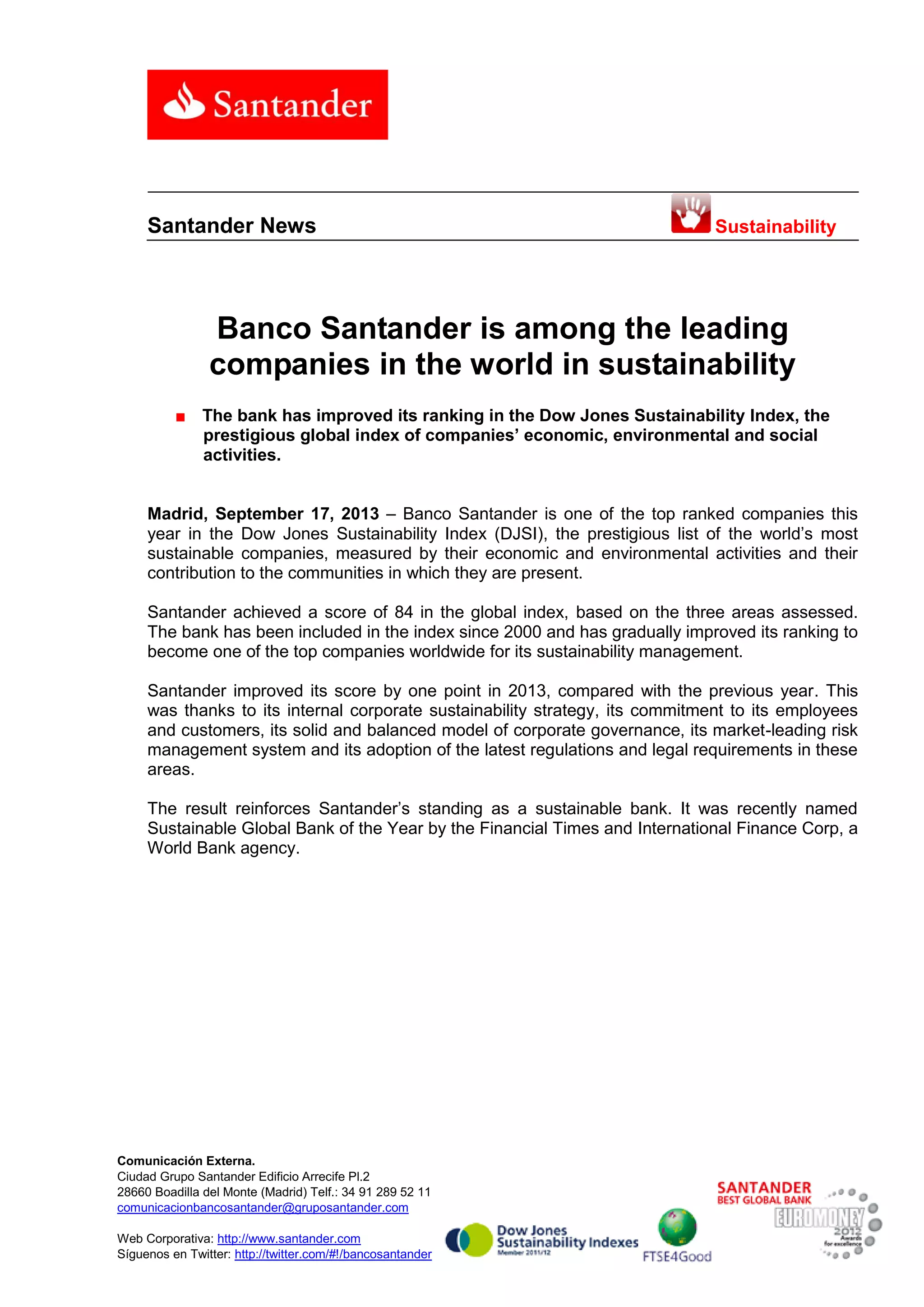 Banco Santander is among the leading companies in the world in ...